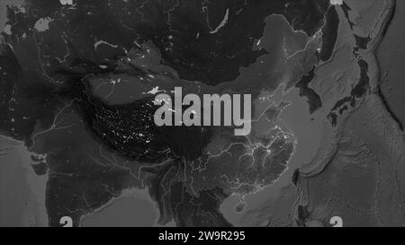 China highlighted on a Grayscale elevation map with lakes and rivers ...