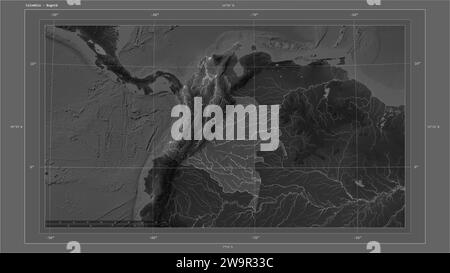 Colombia outlined on a Grayscale elevation map with lakes and rivers ...