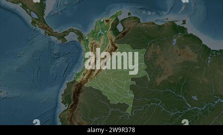 Colombia highlighted on a Pale colored elevation map with lakes and ...