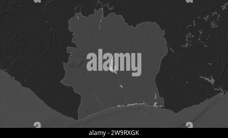Ivory Coast highlighted on a Bilevel elevation map with lakes and ...