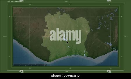 Ivory Coast highlighted on a Pale colored elevation map with lakes and ...