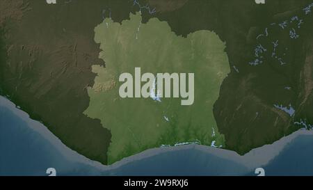 Ivory Coast highlighted on a Colored elevation map with lakes and ...