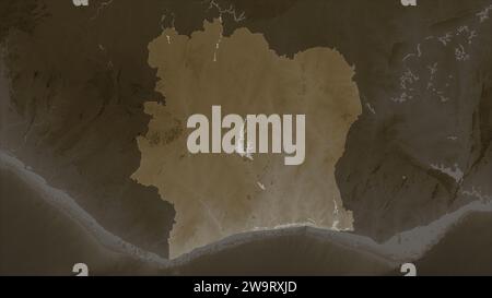 Ivory Coast highlighted on a Colored elevation map with lakes and ...