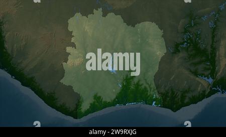 Ivory Coast highlighted on a Colored elevation map with lakes and ...