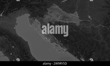 Croatia highlighted on a Grayscale elevation map with lakes and rivers ...