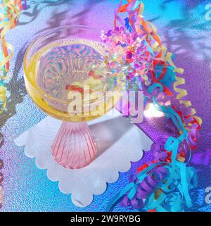 Glass of champagne with confetti on a purple background. Valentines ...