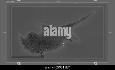 Cyprus highlighted on a Grayscale elevation map with lakes and rivers ...
