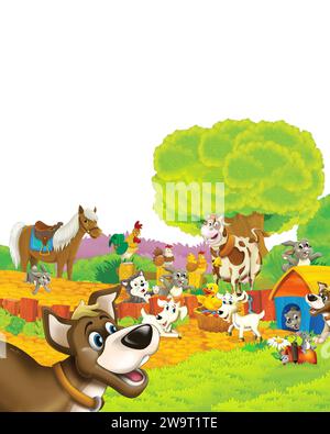 cartoon scene with dog on a farm having fun on white background ...