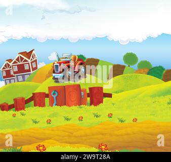 Cartoon empty farm scene with car tractor for different usage ...