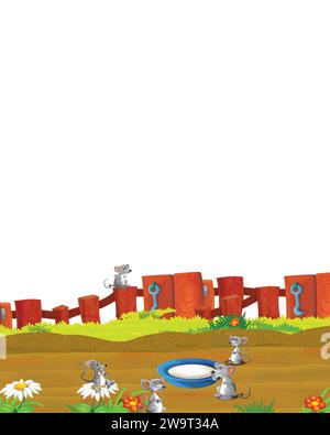 cartoon scene with mouse having fun on the farm on white background ...