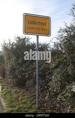 Lederhose, Germany. 28th Dec, 2023. The town entrance sign for ...