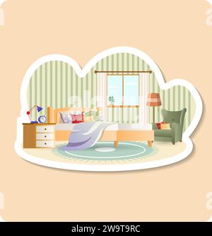 Bed sticker illustration. Bed, pedestal, pillows, blanket. Editable ...