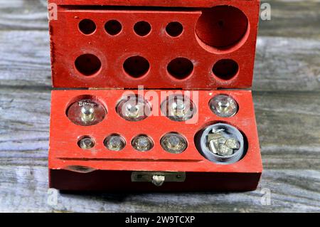 Laboratory weights and masses, used to calibrate scales or balances or ...