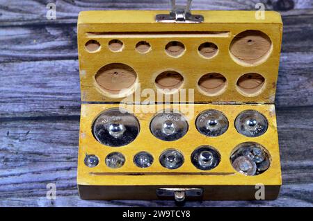 Laboratory weights and masses, used to calibrate scales or balances or ...