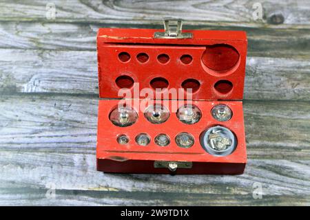 Laboratory weights and masses, used to calibrate scales or balances or ...