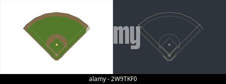 Vector Baseball field Technical Illustration line art on the blueprint ...