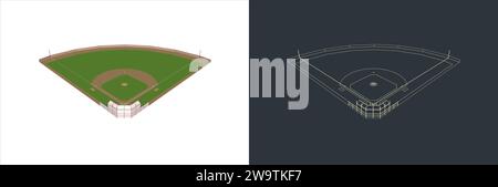 Vector Baseball field Technical Illustration line art on the blueprint ...