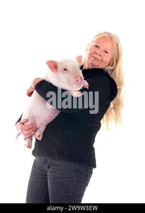pink miniature pig and woman in front of white background Stock Photo ...