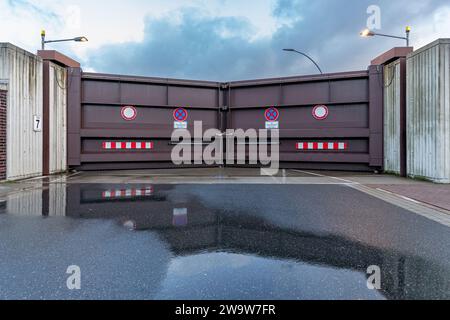 closed flood gate seen from the waterside during storm surge in ...