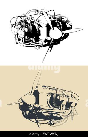 Stylized vector illustrations of a horizontally opposed aircraft engine ...
