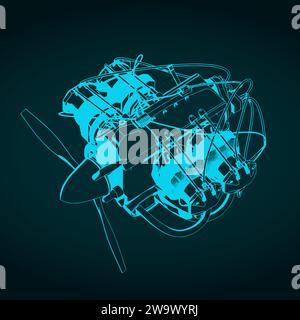 Stylized vector illustration of blueprints of a horizontally opposed ...