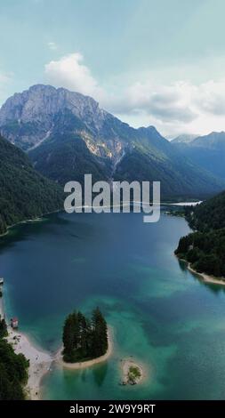 Aerial view of Lago del Predil, Lake Predil in the Alpine part of Italy ...