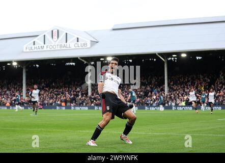 Fulham's Raul Jimenez celebrates scoring his team's first goal during ...