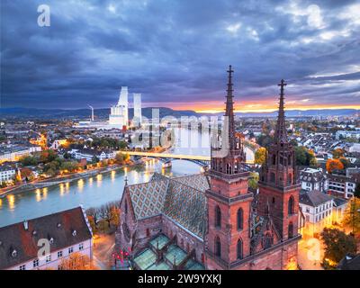Aerial view over the city of Basel Switzerland and Cathedral Stock ...