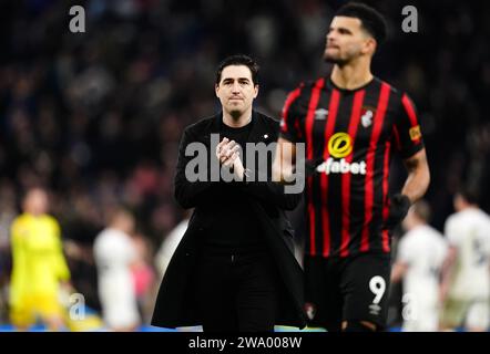 Bournemouth manager Andoni Iraola applauds the fans following defeat in ...