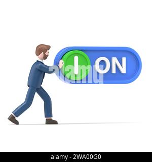 3D illustration of Cartoon 3d character presses off. Presses a button ...