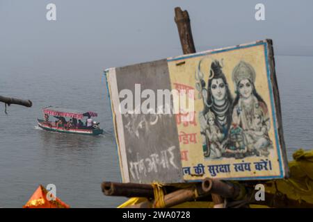 A boat sails on the river Saryu in Ayodhya. Ayodhya is an ancient city ...