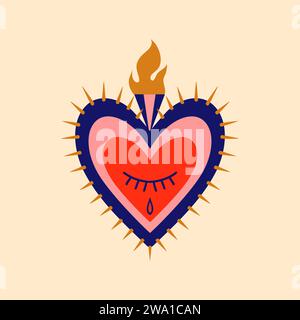 Mexican sacred heart with burning fire flames, tattoo and religion ...