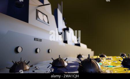 A 3D rendering of a sea mine, also known as a naval mine placed in ...