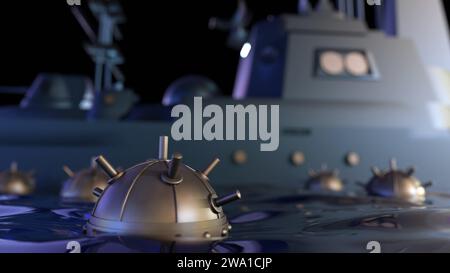 A 3D rendering of a sea mine, also known as a naval mine placed in ...