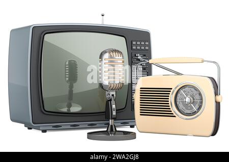 Retro old TV set with FM radio receiver. Broadcasting concept. 3D ...