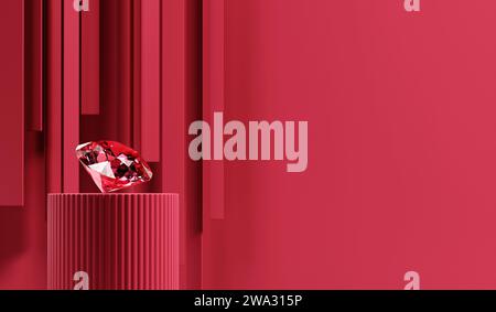 Abstract ruby diamond gem placed on red pedestal background 3d render ...
