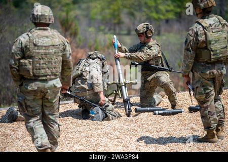 Soldiers aim and shoot a handheld and bipod-stabilized 60mm mortar ...