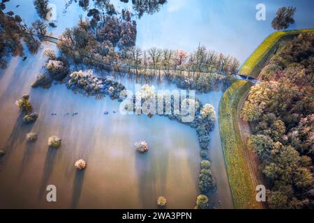 Aerial view, flood, closed roads, flood protection, flooding, dike ...