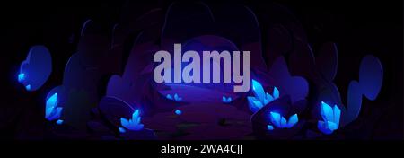 Dark cave with blue shining gem crystal clusters in stone walls ...