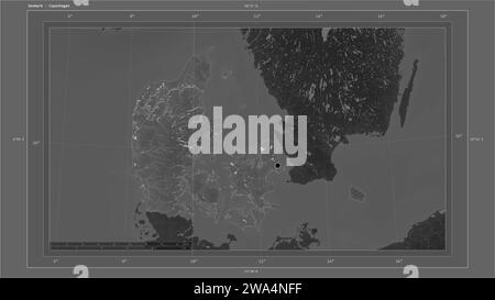 Denmark outlined on a Grayscale elevation map with lakes and rivers ...