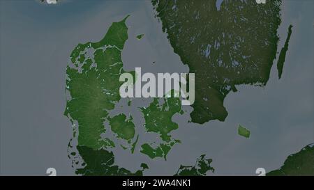 Denmark highlighted on a Pale colored elevation map with lakes and rivers map with the country's ...