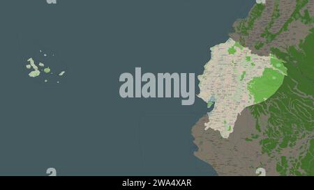 Ecuador with Galapagos Islands highlighted on a topographic, OSM standard style map map with the ...