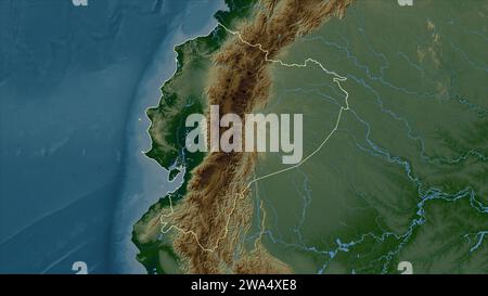 Ecuador outlined on a elevation map colored in sepia tones with lakes ...