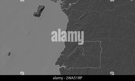 Equatorial Guinea outlined on a elevation map colored in sepia tones ...