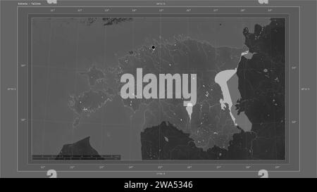 Estonia highlighted on a Grayscale elevation map with lakes and rivers ...