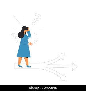 Young woman standing at crossroads. Career plan. Confused person ...