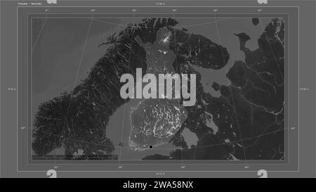 Finland highlighted on a Grayscale elevation map with lakes and rivers ...