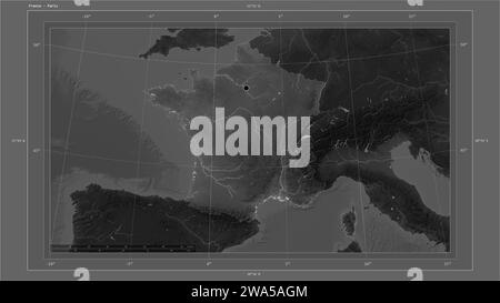 France outlined on a Grayscale elevation map with lakes and rivers ...