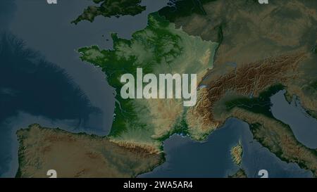 France highlighted on a elevation map colored in sepia tones with lakes ...