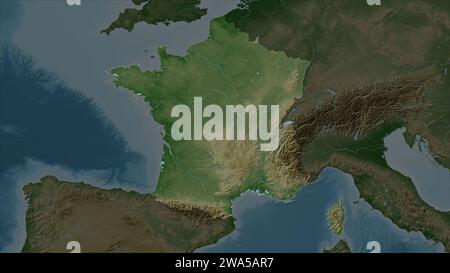 France highlighted on a Pale colored elevation map with lakes and ...